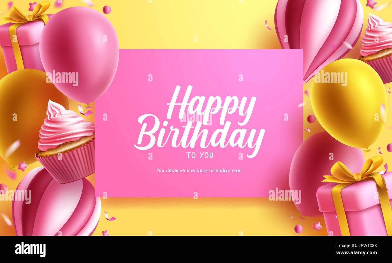 Happy birthday vector template design. Birthday greeting text in pink empty space with balloons ...
