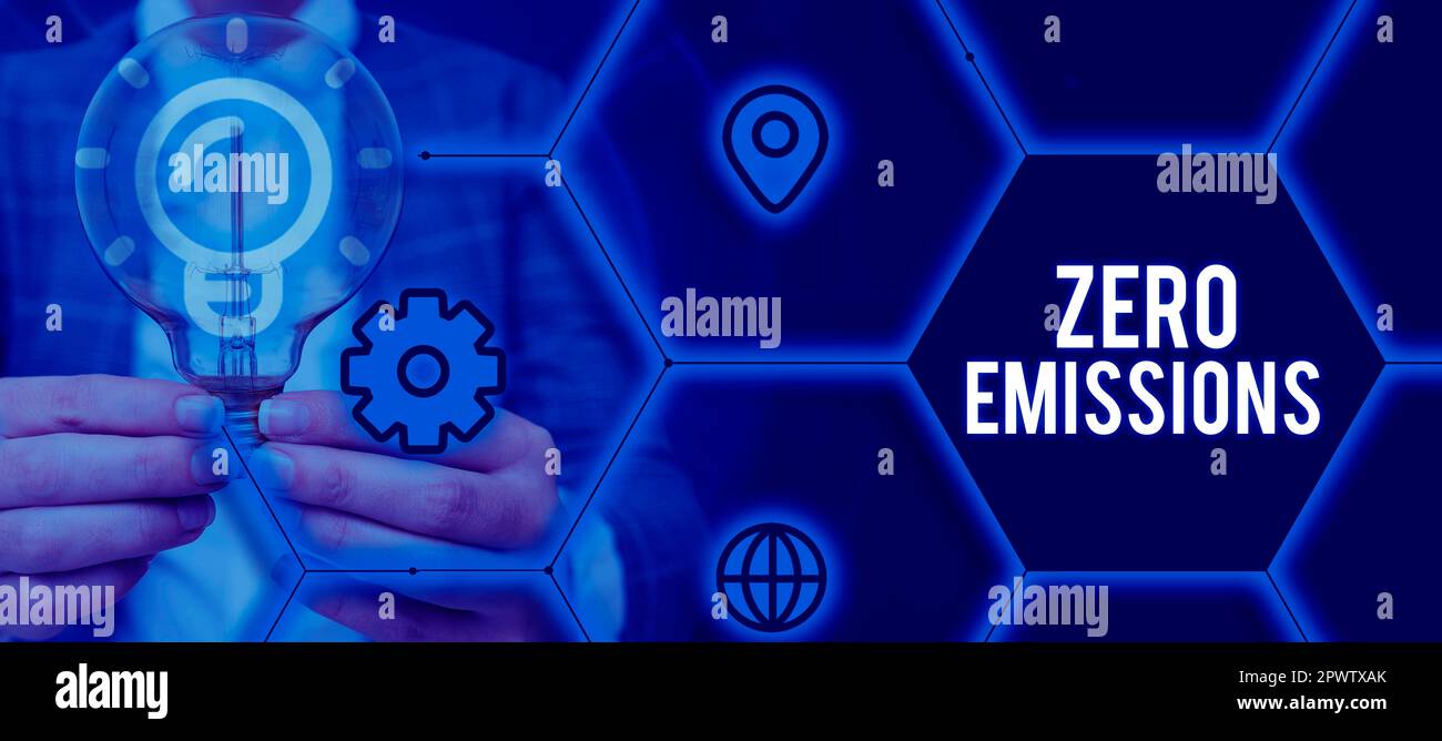 Text showing inspiration Zero Emissions, Business idea emits no waste ... Text showing inspiration Zero Emissions, Business idea emits no waste ...