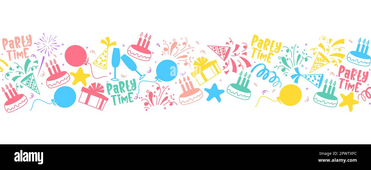 Birthday vector banner design. Party time text with birthday event and ...