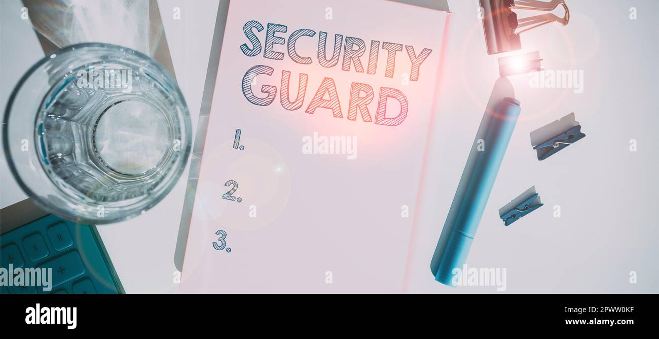 Sign displaying Security Guard, Word for tools used to manage multiple ...