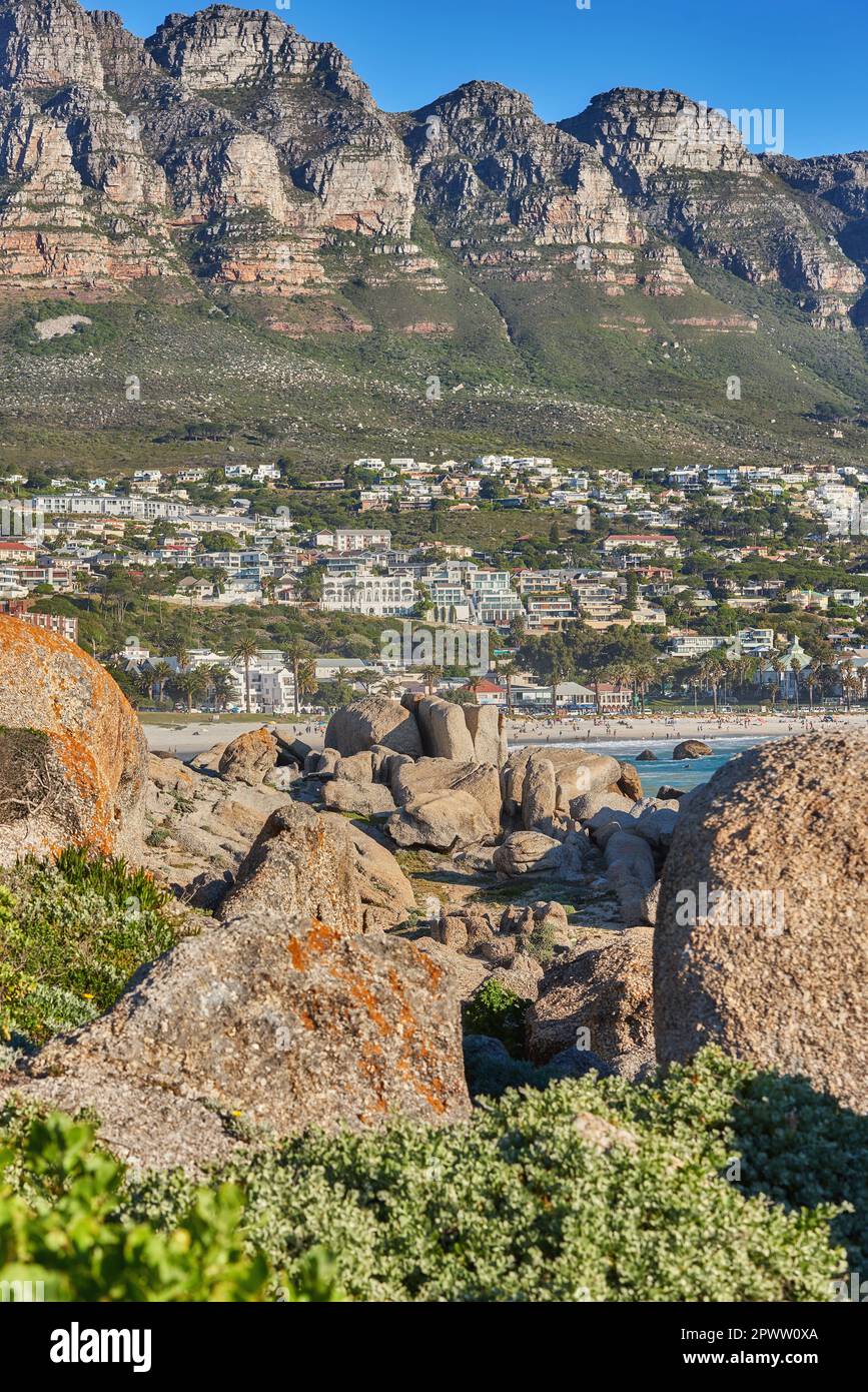 Landscape view of mountains, sea and beach rocks in famous travel or ...