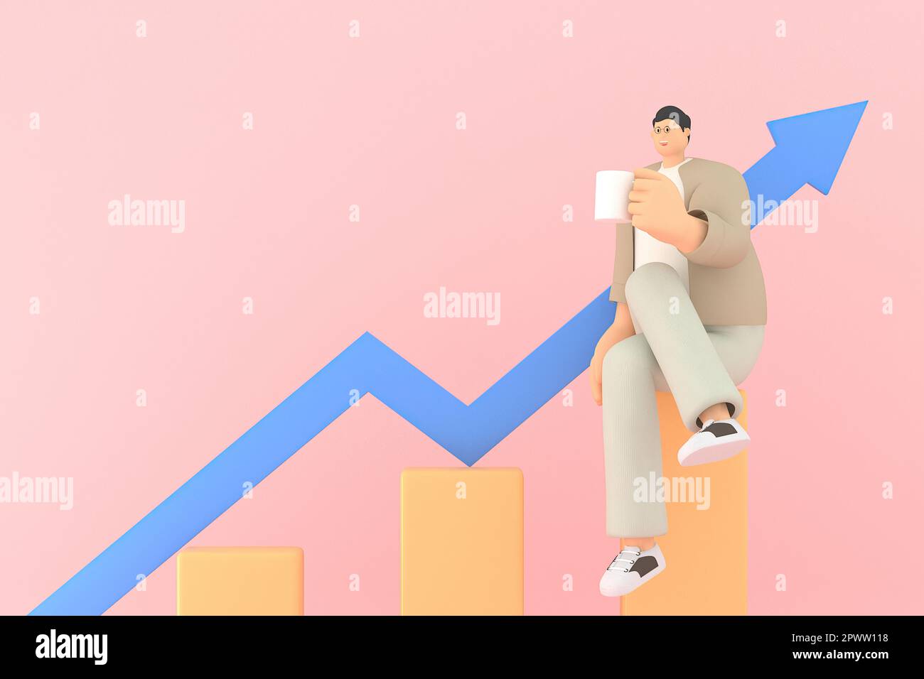 A man character siting with The graph shows the stock up. 3d rendering ...