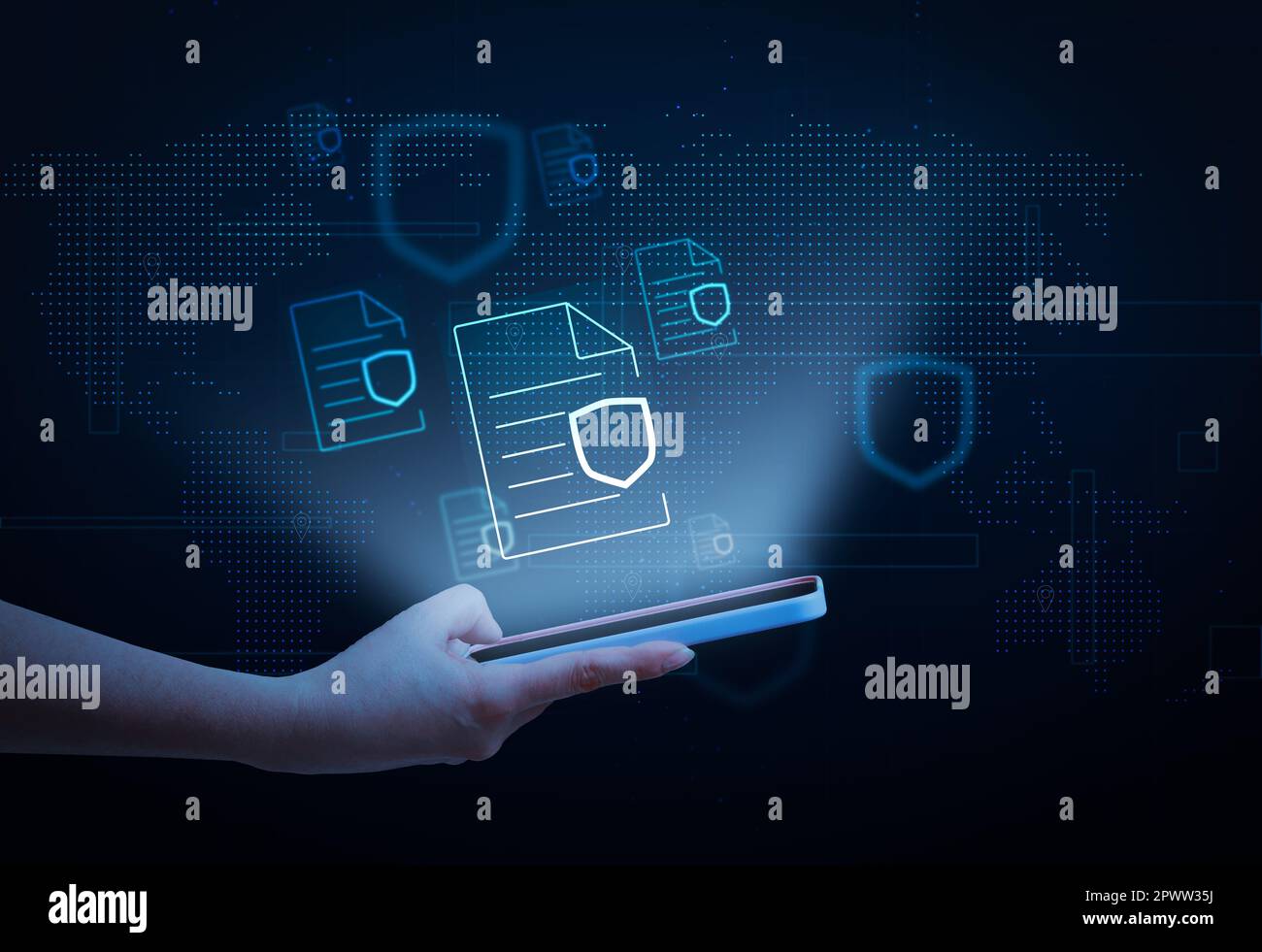 Hand holding smartphone, document icons with personal data protection ...