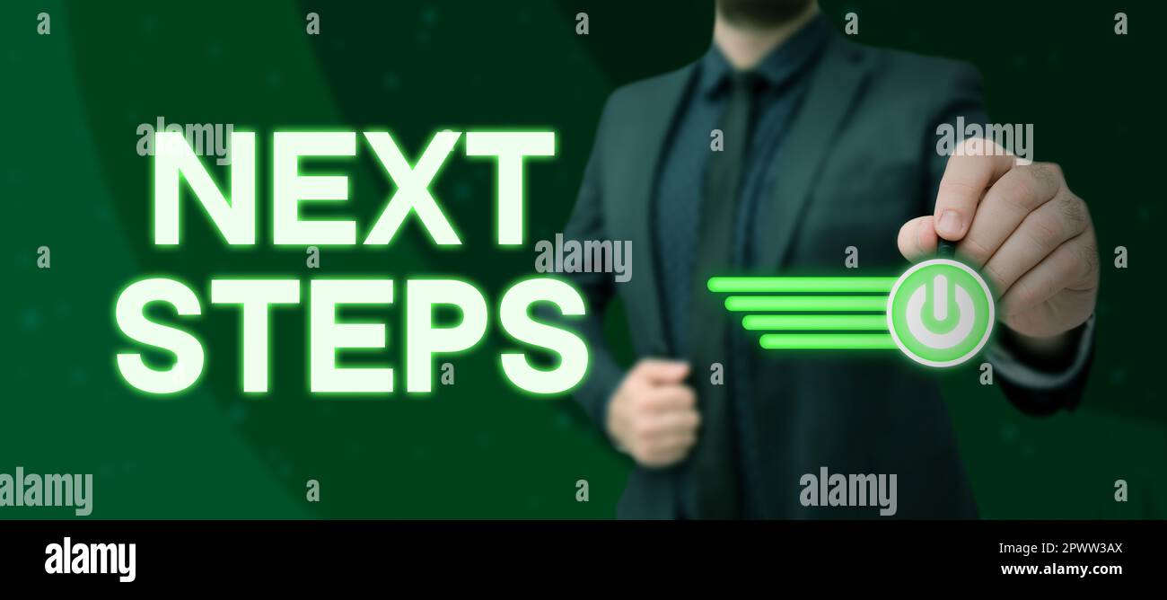 Text caption presenting Next Steps, Word for numper of process going to ...