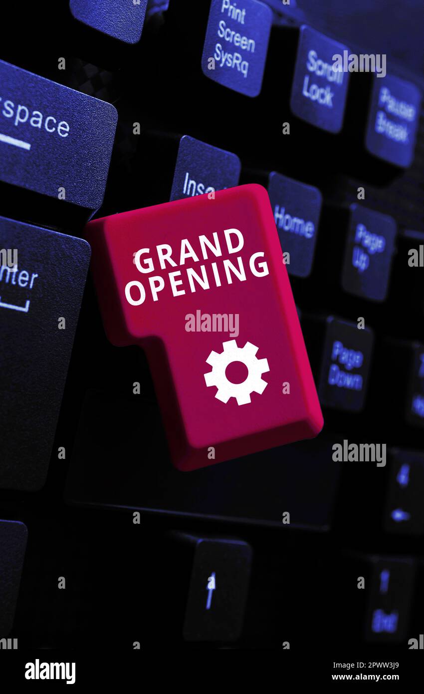 Text caption presenting Grand Opening, Business overview Ribbon Cutting ...