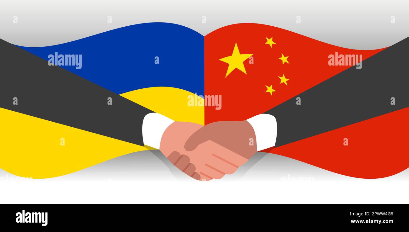 Handshake of two hands on the background of the flags of China and ...