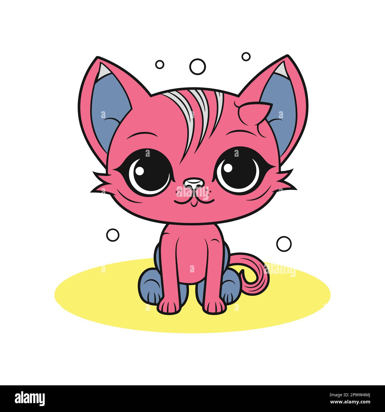 Furry, cheerful cartoon of a cute and pretty kitty, drawn with a funny ...