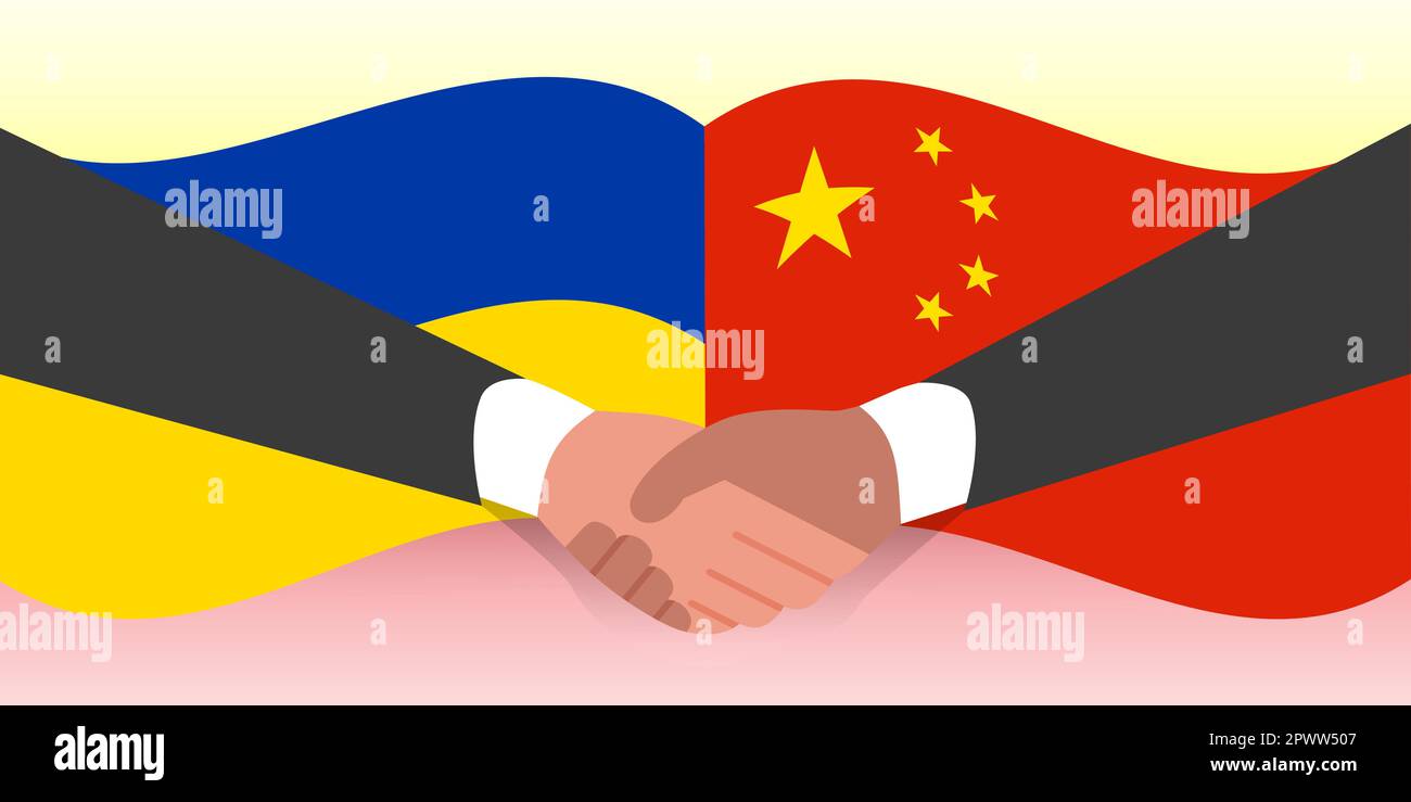 Handshake of two hands on the background of the flags of China and ...