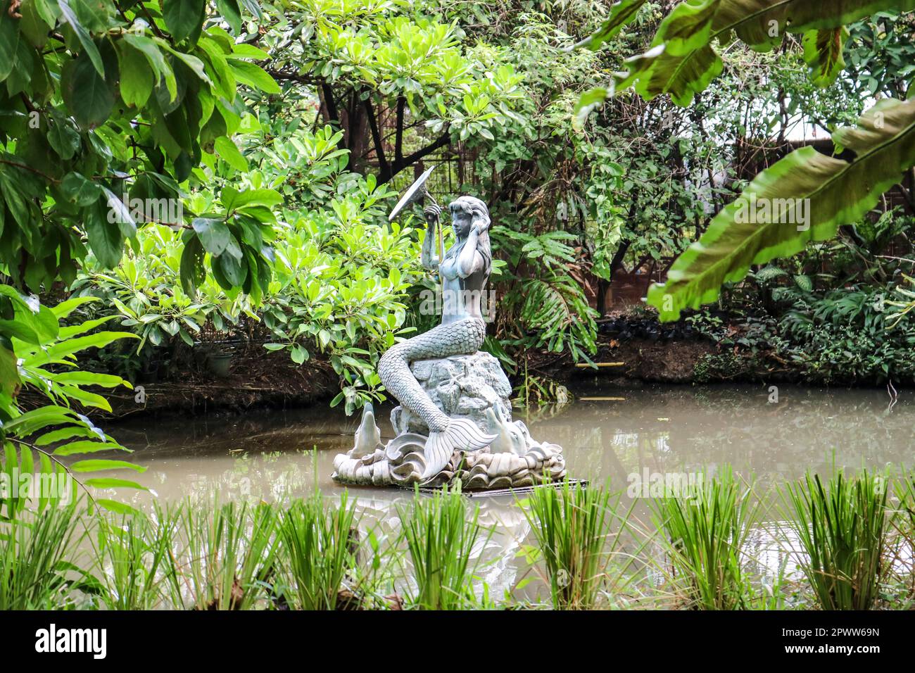 A sculpture of a mermaid girl on a pond in a city park in Bangkok ...