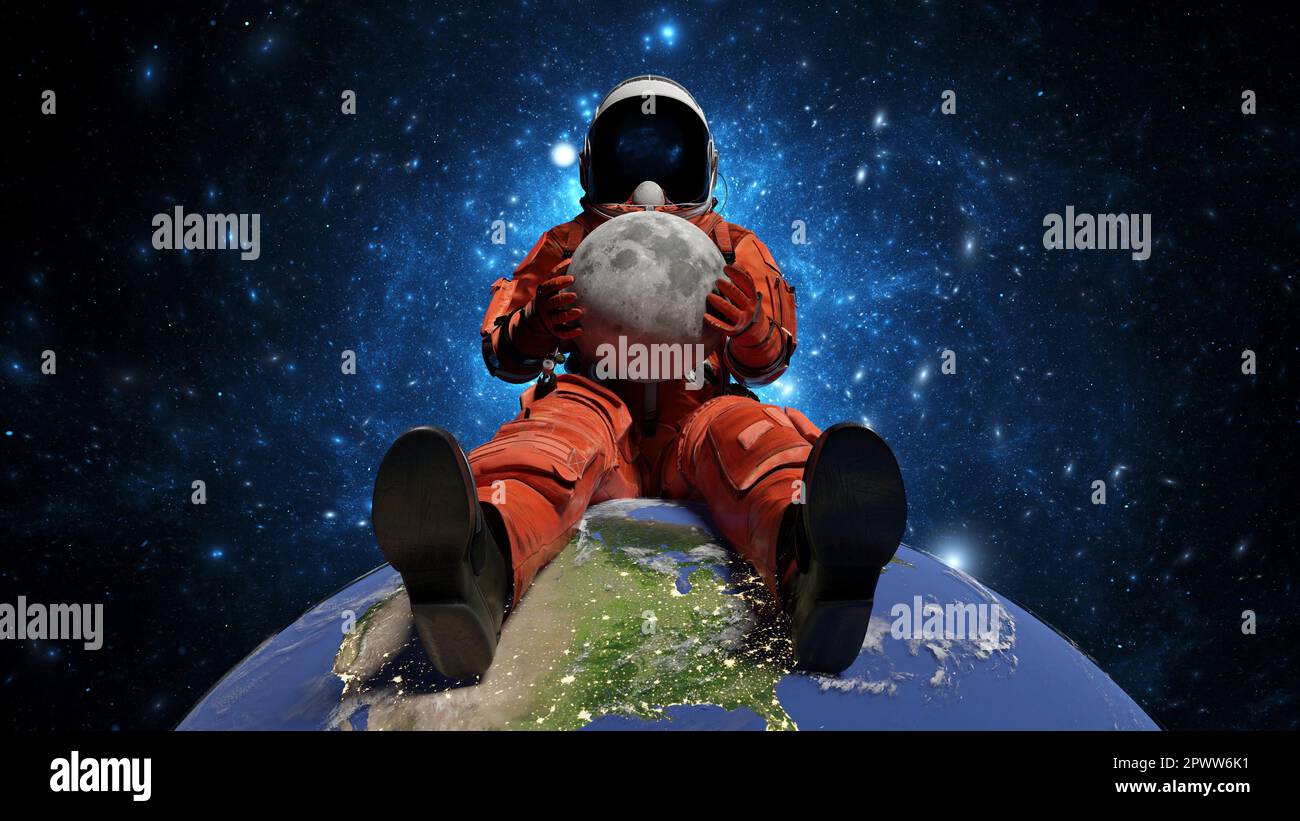 Astronaut sits on planet earth and hold moon in hands. Cosmonaut in ...