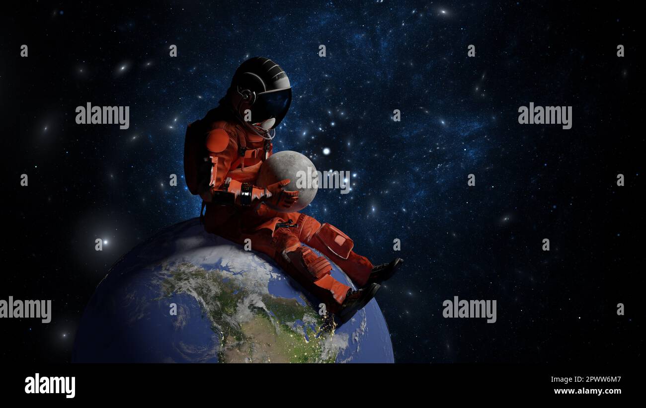 Astronaut sits on planet earth and hold moon in hands. Cosmonaut in ...