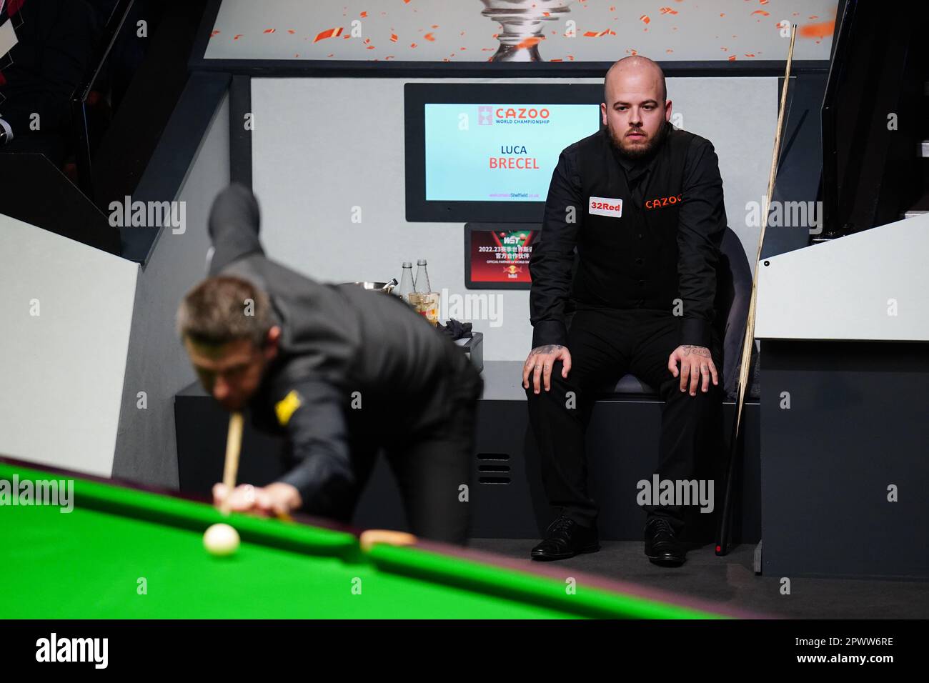 Luca Brecel in action against Mark Selby (not pictured) during the ...
