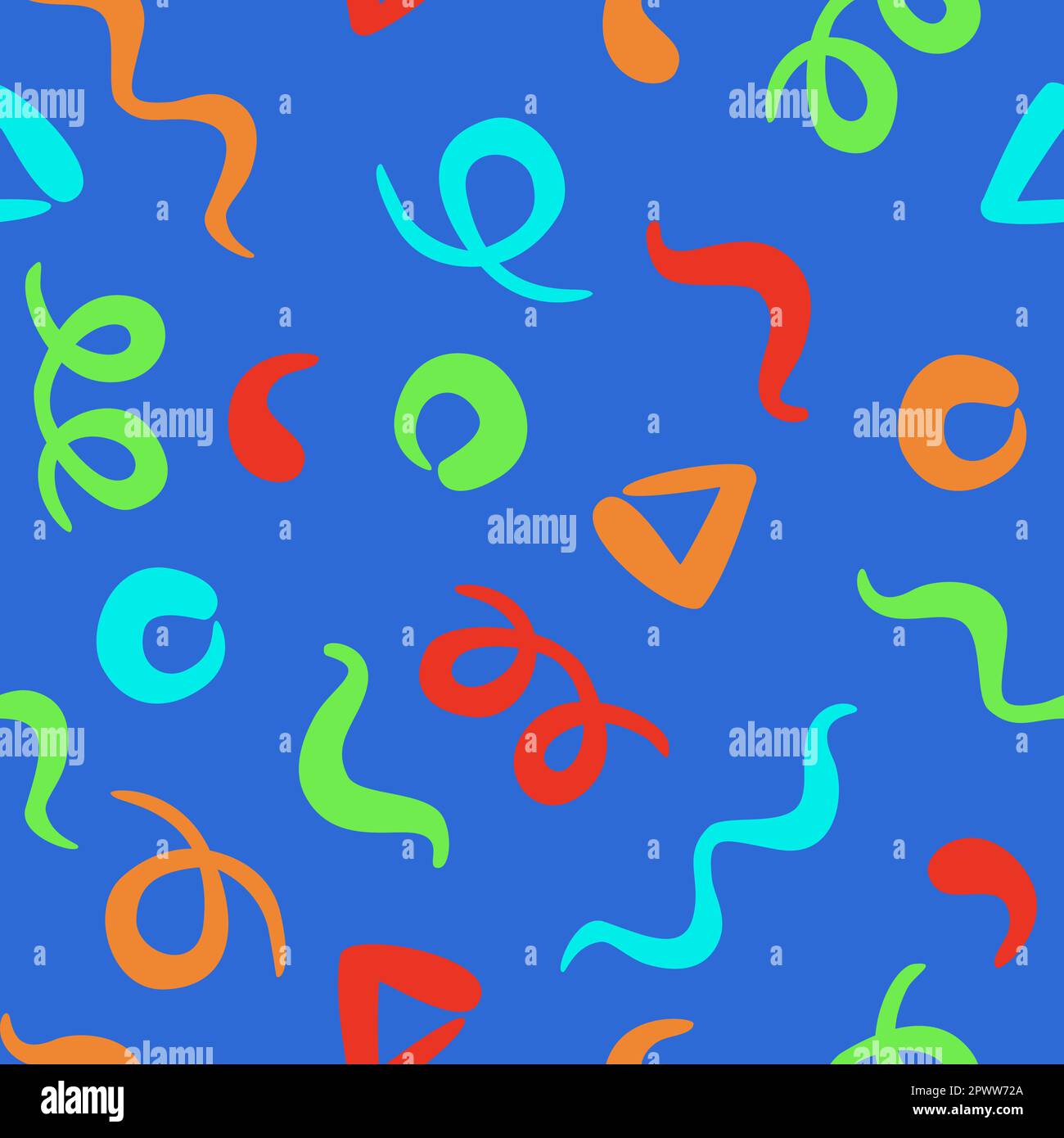 Cute colourful line squiggle doodle seamless pattern in memphis style ...