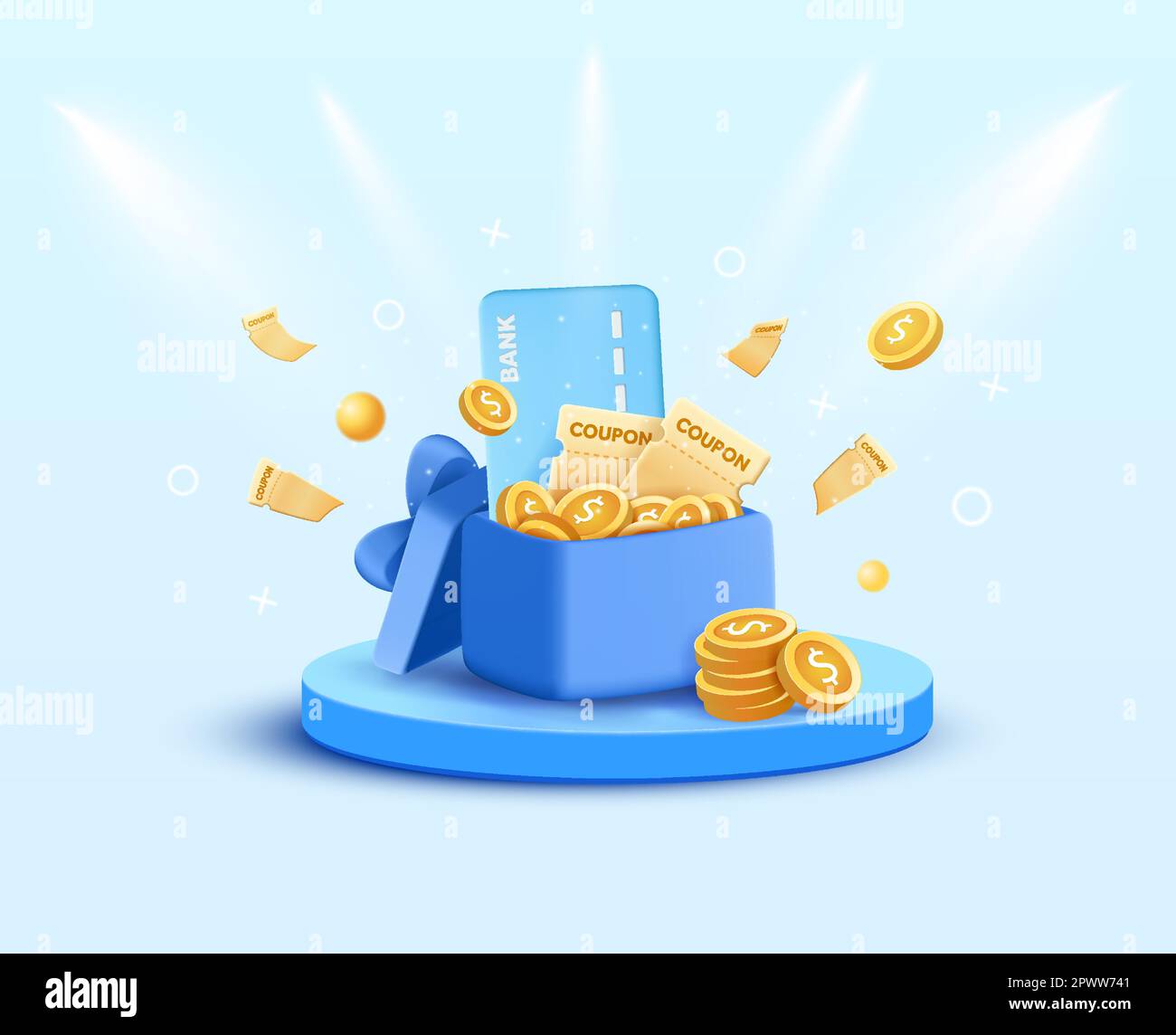 3d a gift box coupon for a sale of the product. Gold coins and credit ...