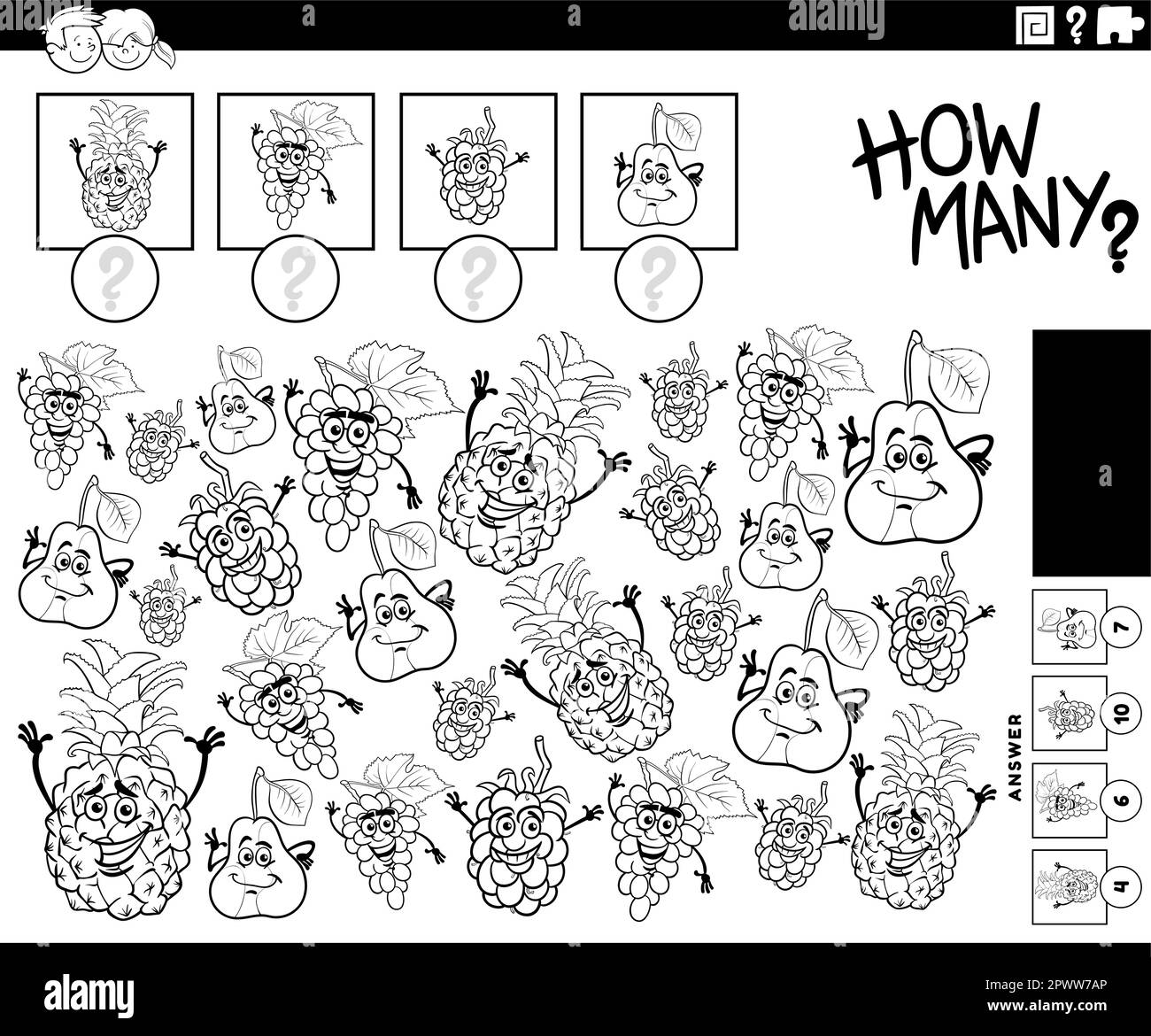 Black and white illustration of educational counting game with funny ...