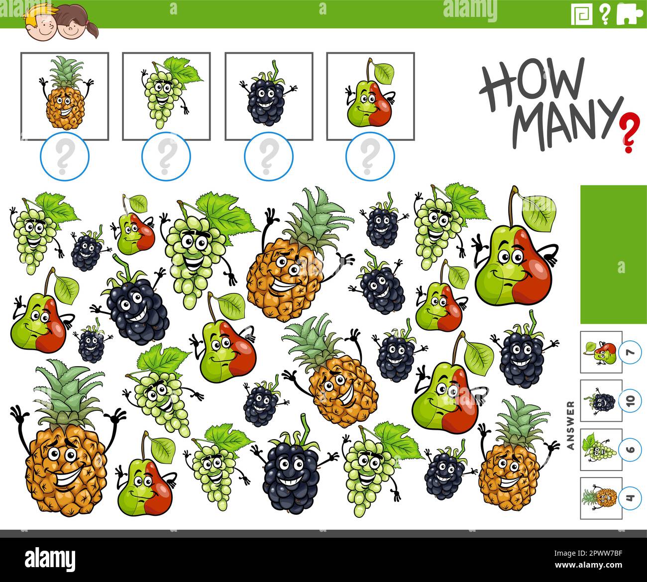 Illustration of educational counting game with funny cartoon fruit food ...