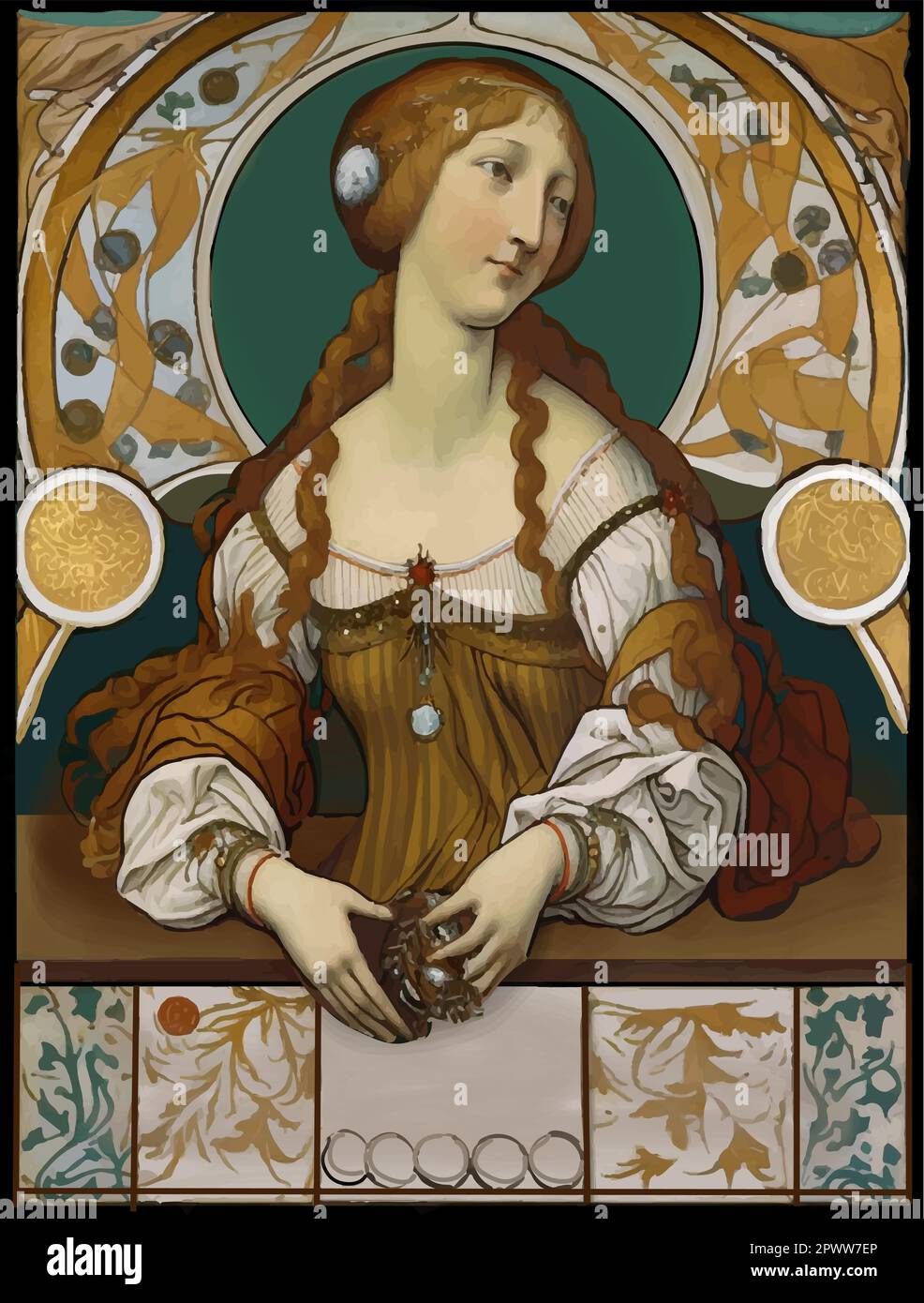 Red haired Renaissance woman, style of Alphonse Mucha, art nouveau ...