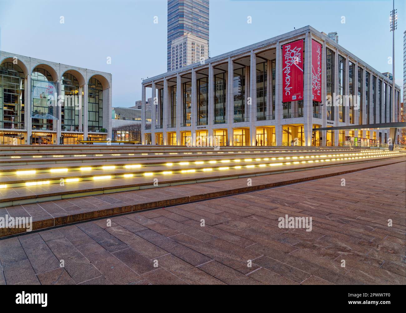 Lincoln Center at dawn: David Geffen Hall, on Josie Robertson Plaza ...