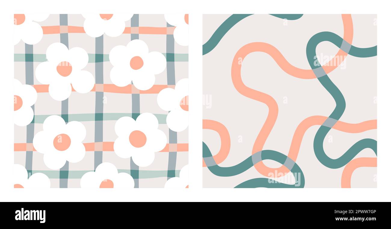 1970 Daisy seamless pattern pack with trippy grid and squiggle. Naive ...