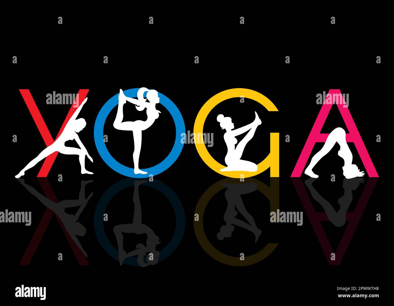 Yoga background with colourful silhouettes of females in various yoga ...