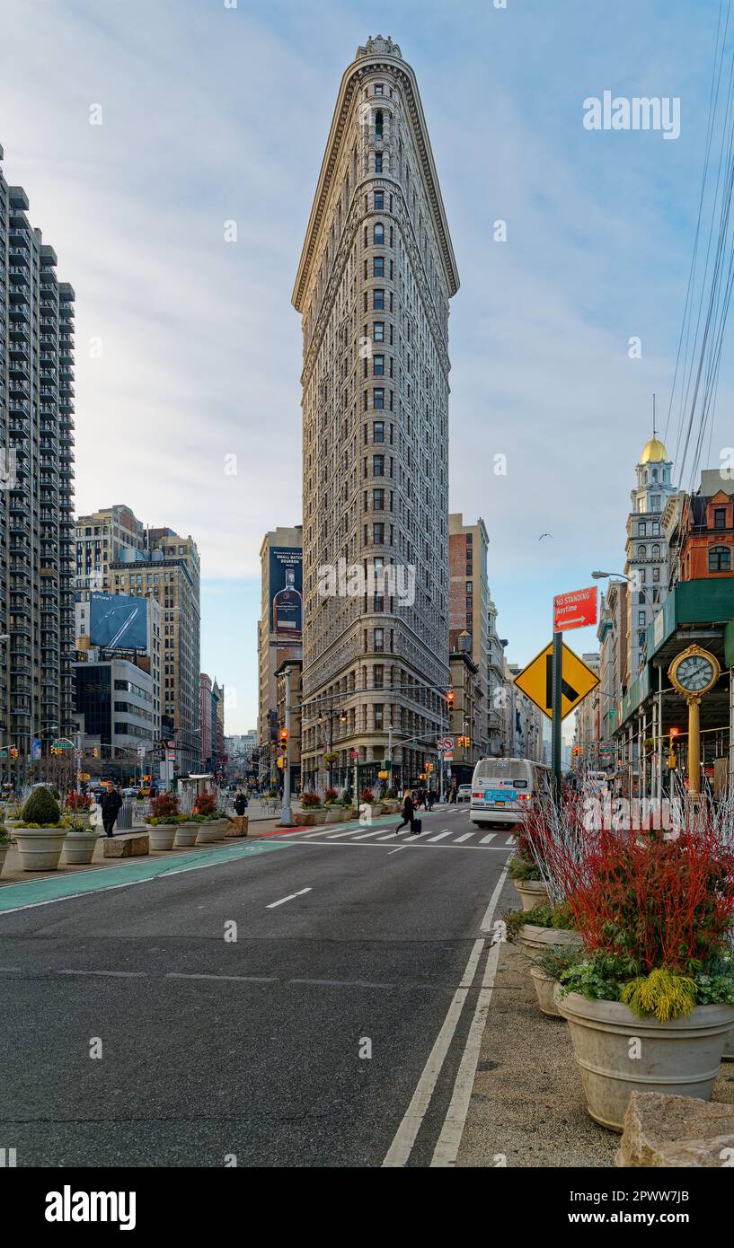 New York’s iconic Flatiron Building, viewed from the north, just as sun ...