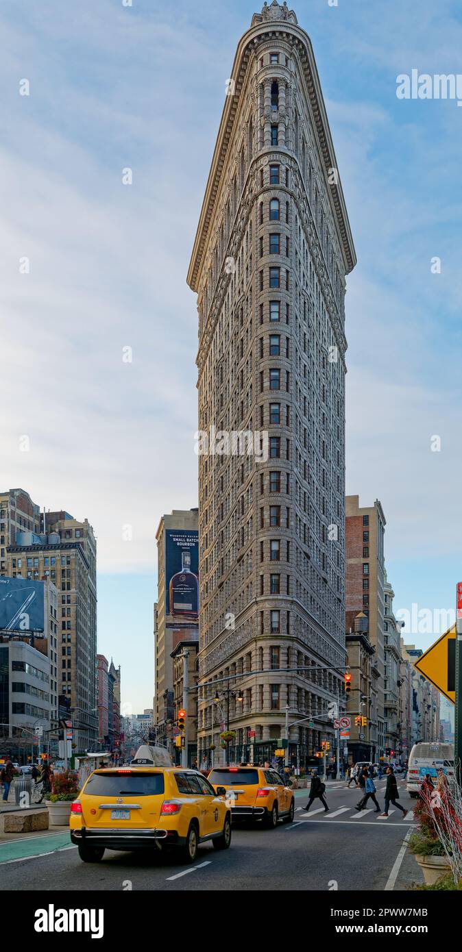 New York’s iconic Flatiron Building, viewed from the north, just as sun ...