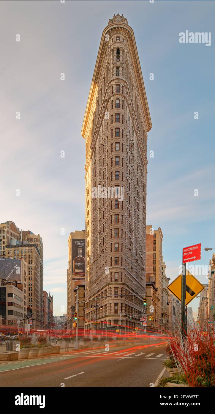 New York’s iconic Flatiron Building, viewed from the north, just as sun ...