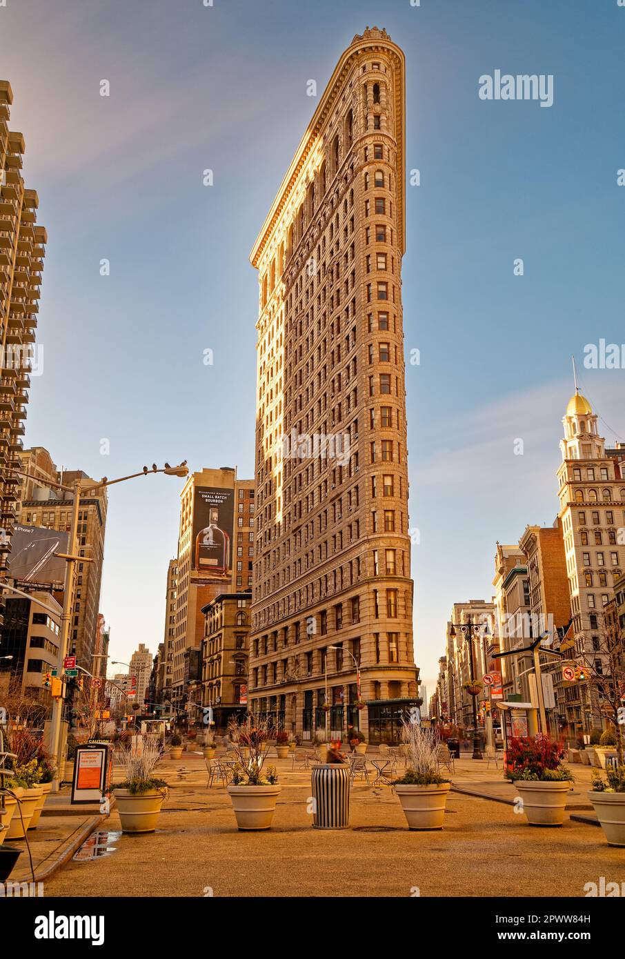 New York’s iconic Flatiron Building, viewed from the north, just as sun ...