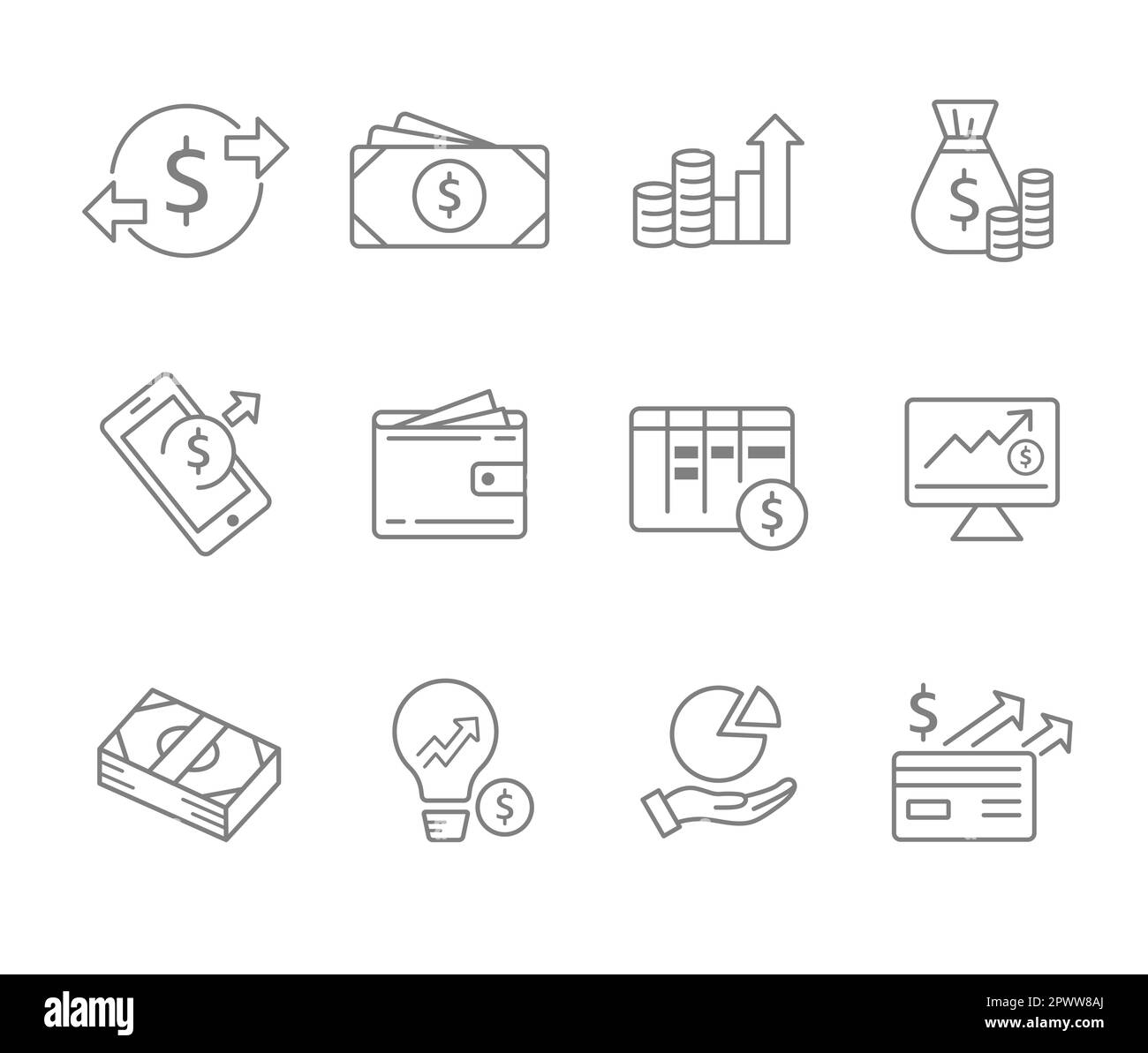 Infographic icon set for business. 12 Finance web icon collection. Thin outline icons pack ...