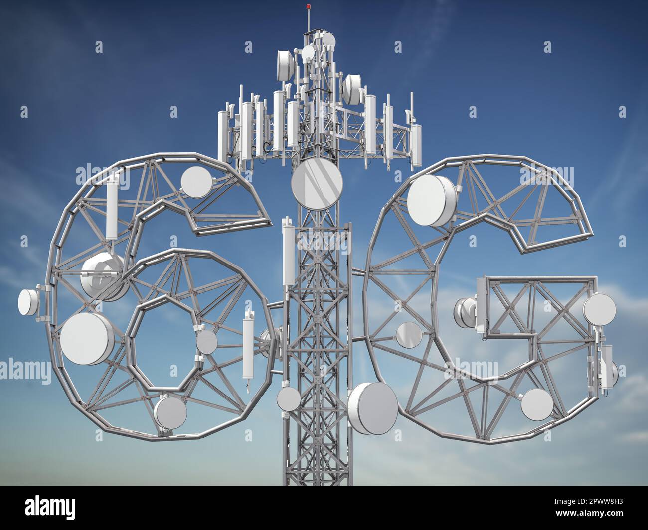 6G telecommunication tower. Antenna radio transmittors of cellular 6G ...