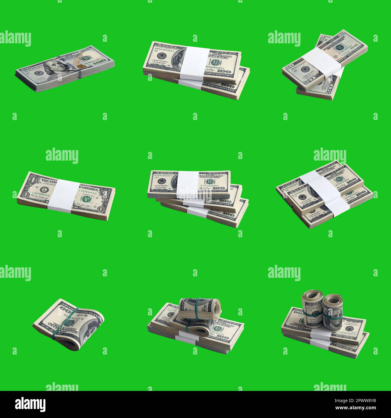 Big set of bundles of US dollar bills isolated on chroma key green ...