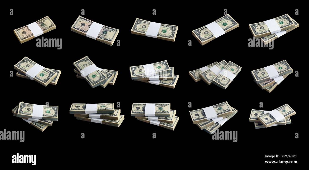 Big set of bundles of US dollar bills isolated on black. Collage with ...