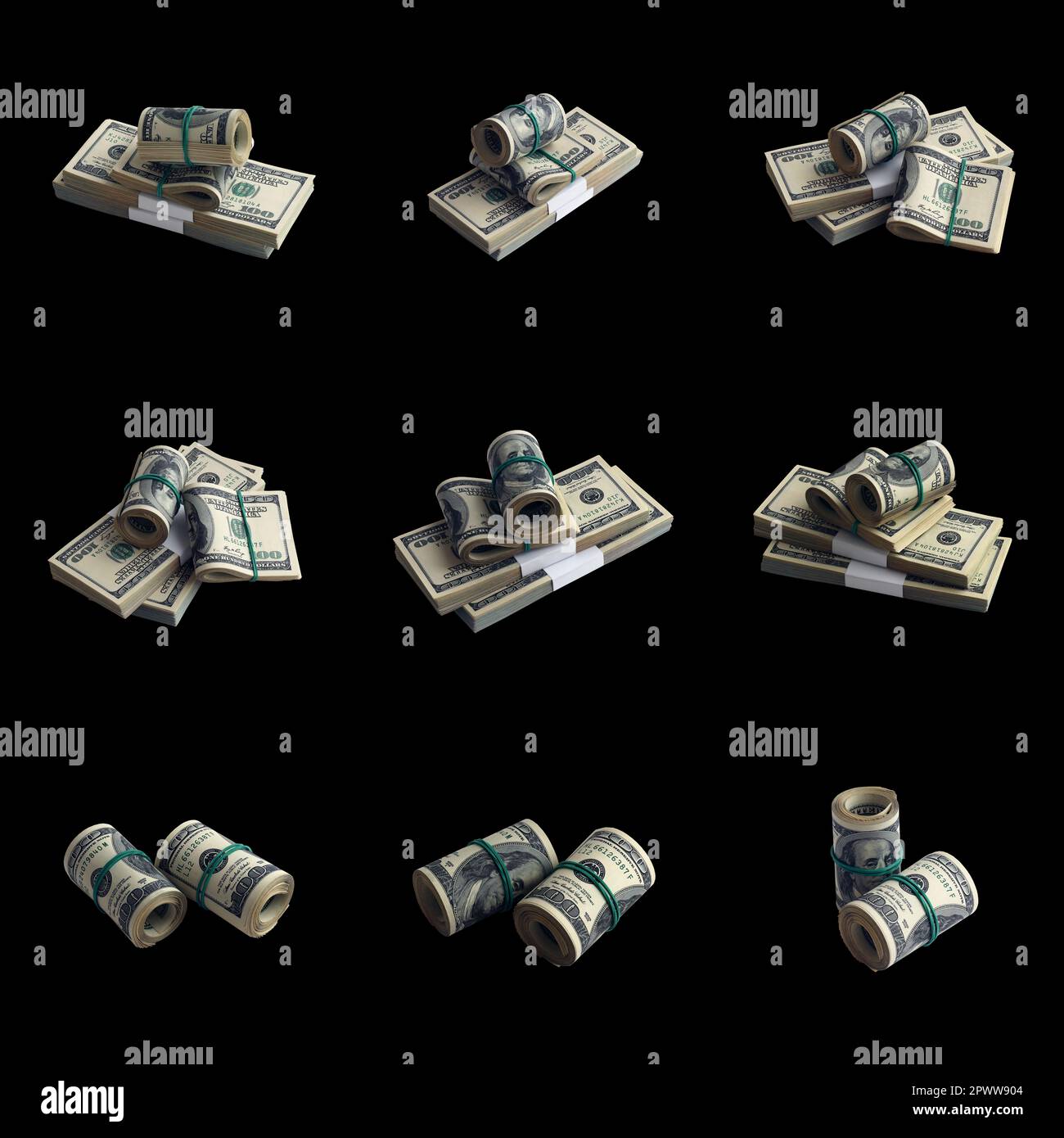 Big set of bundles of US dollar bills isolated on black. Collage with ...