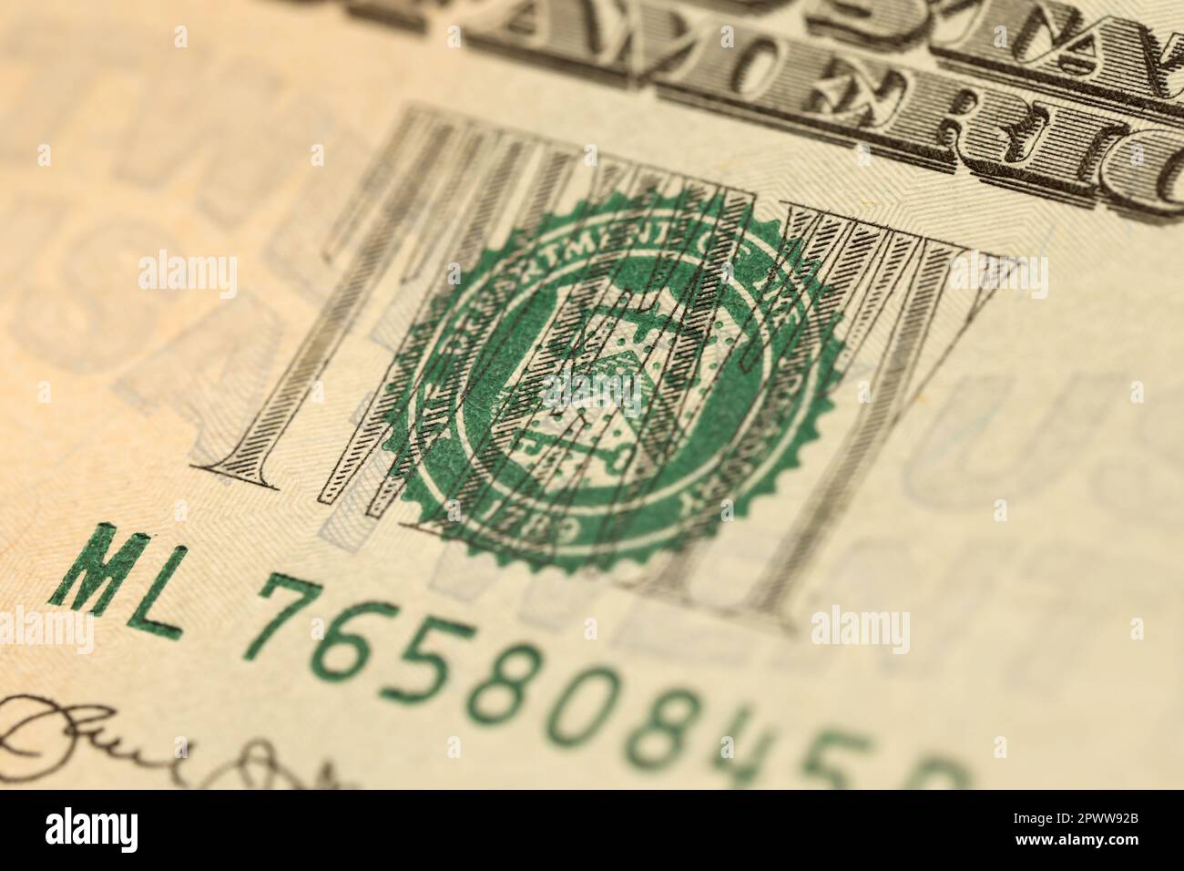 Macro shot with part of 20 US dollars bill. Twenty dollars banknote ...