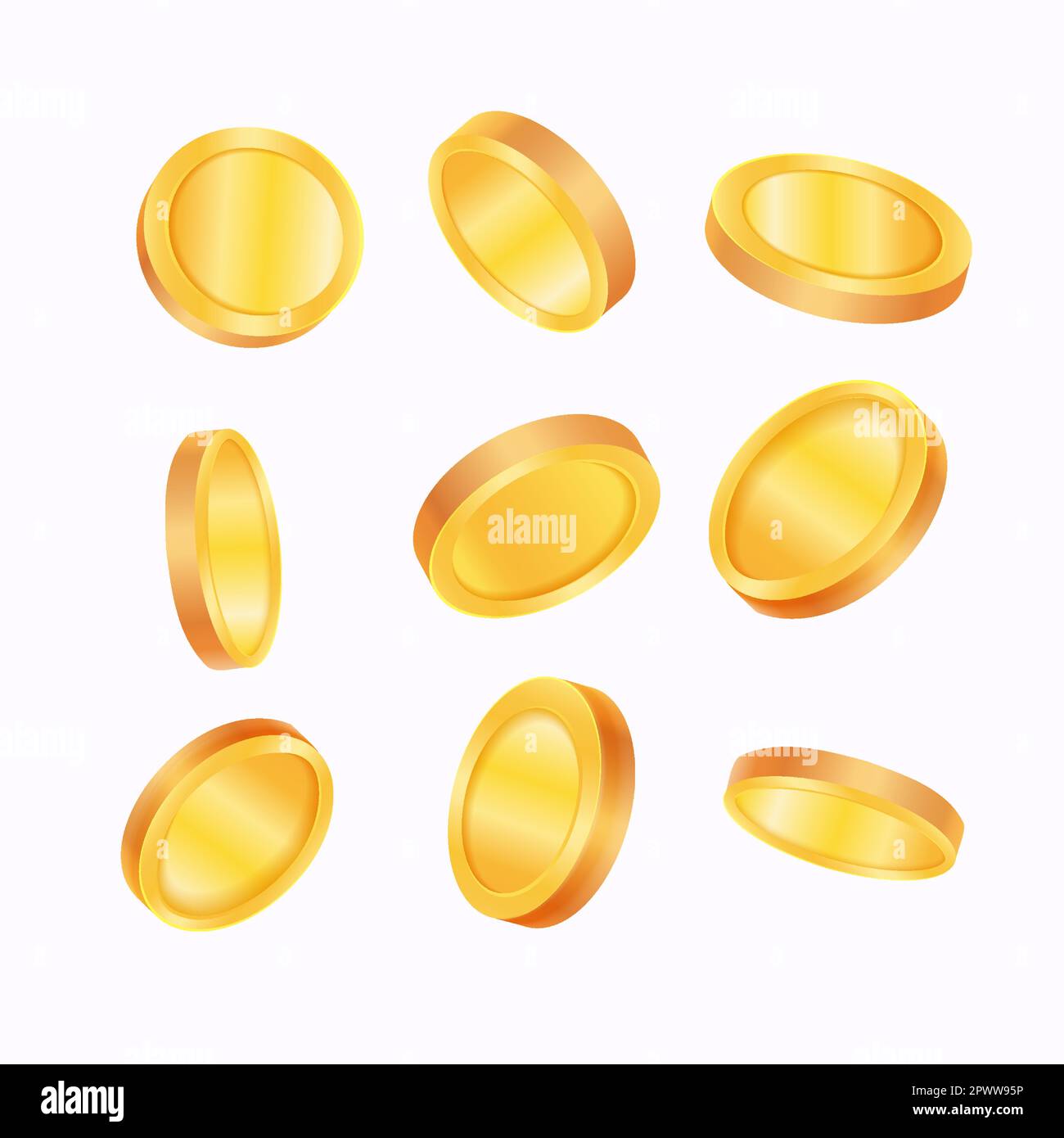 3D Set of rotation coins at different angles. Set of spinning gold ...