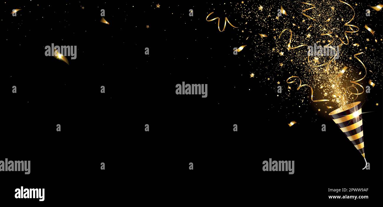 greeting horizontal banner with explosion party popper with gold ...