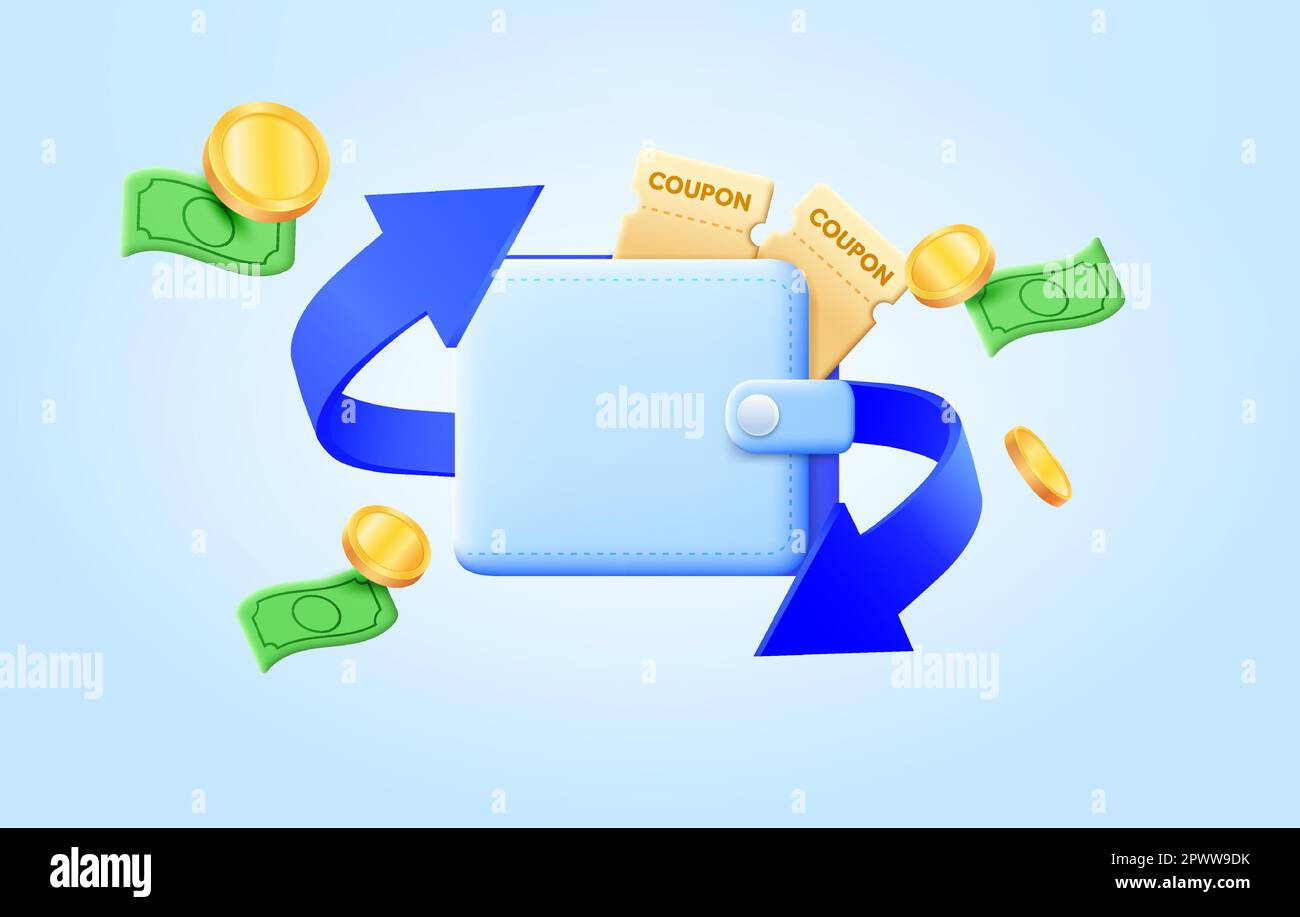 Blue wallet, coupons, vouchers and gold coins with dollar sign on blue ...