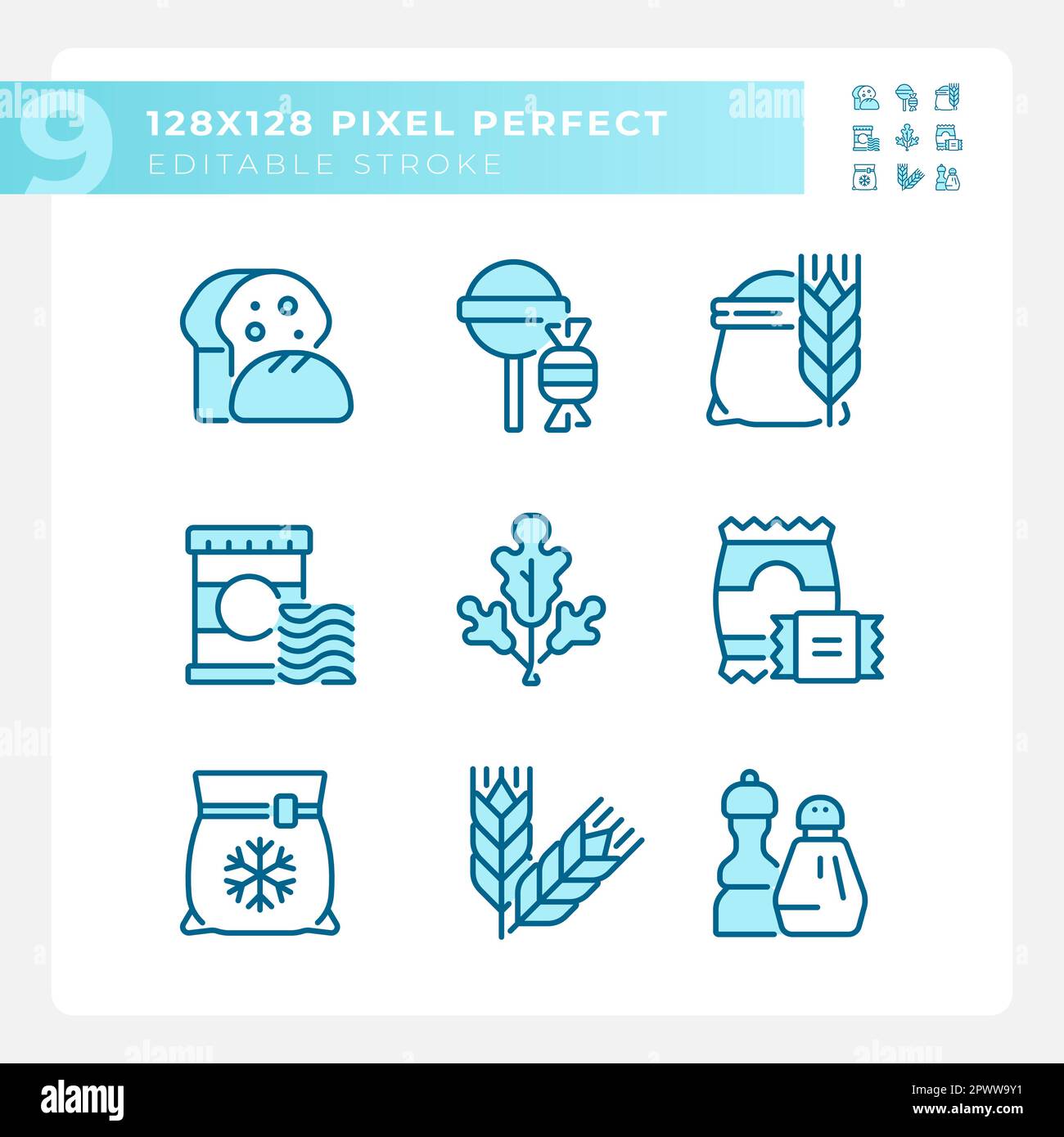 Supermarket products pixel perfect blue RGB color icons set Stock ...