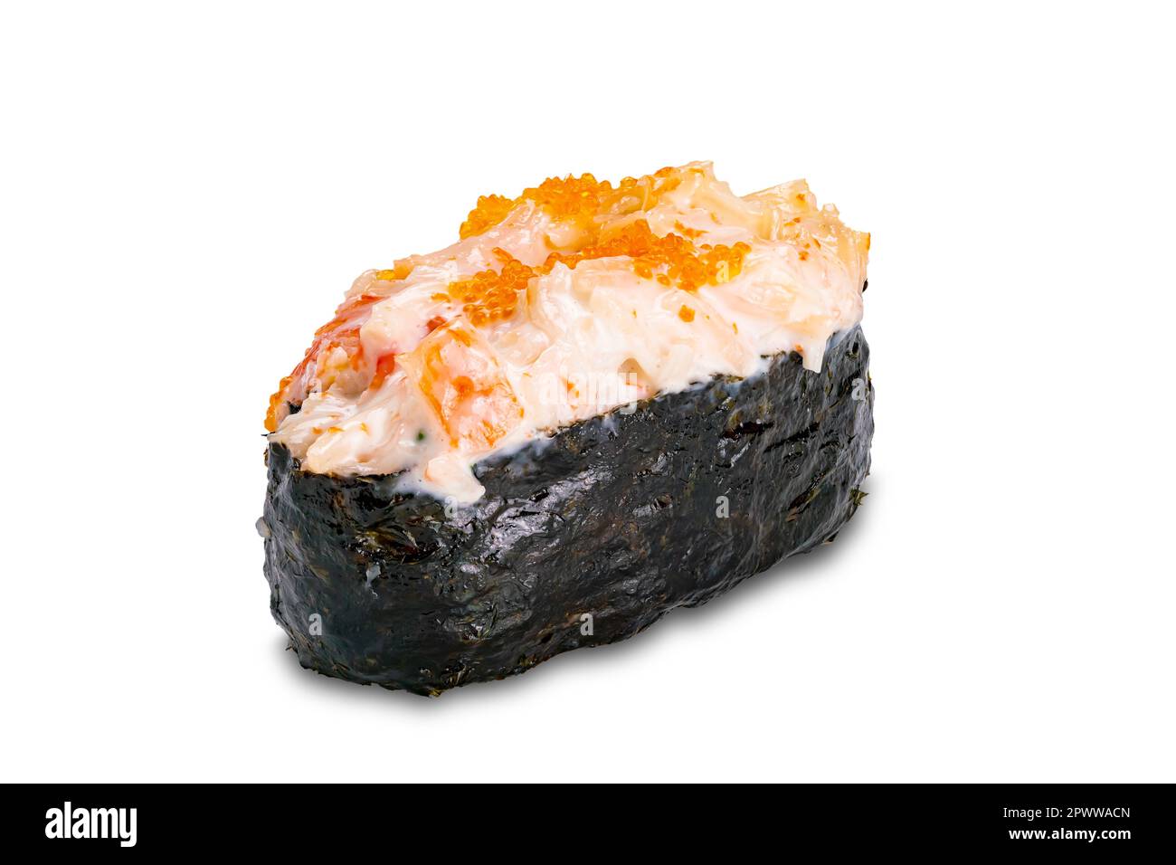 Closeup view of gunkan surimi mayo sushi with caviar isolated on white ...