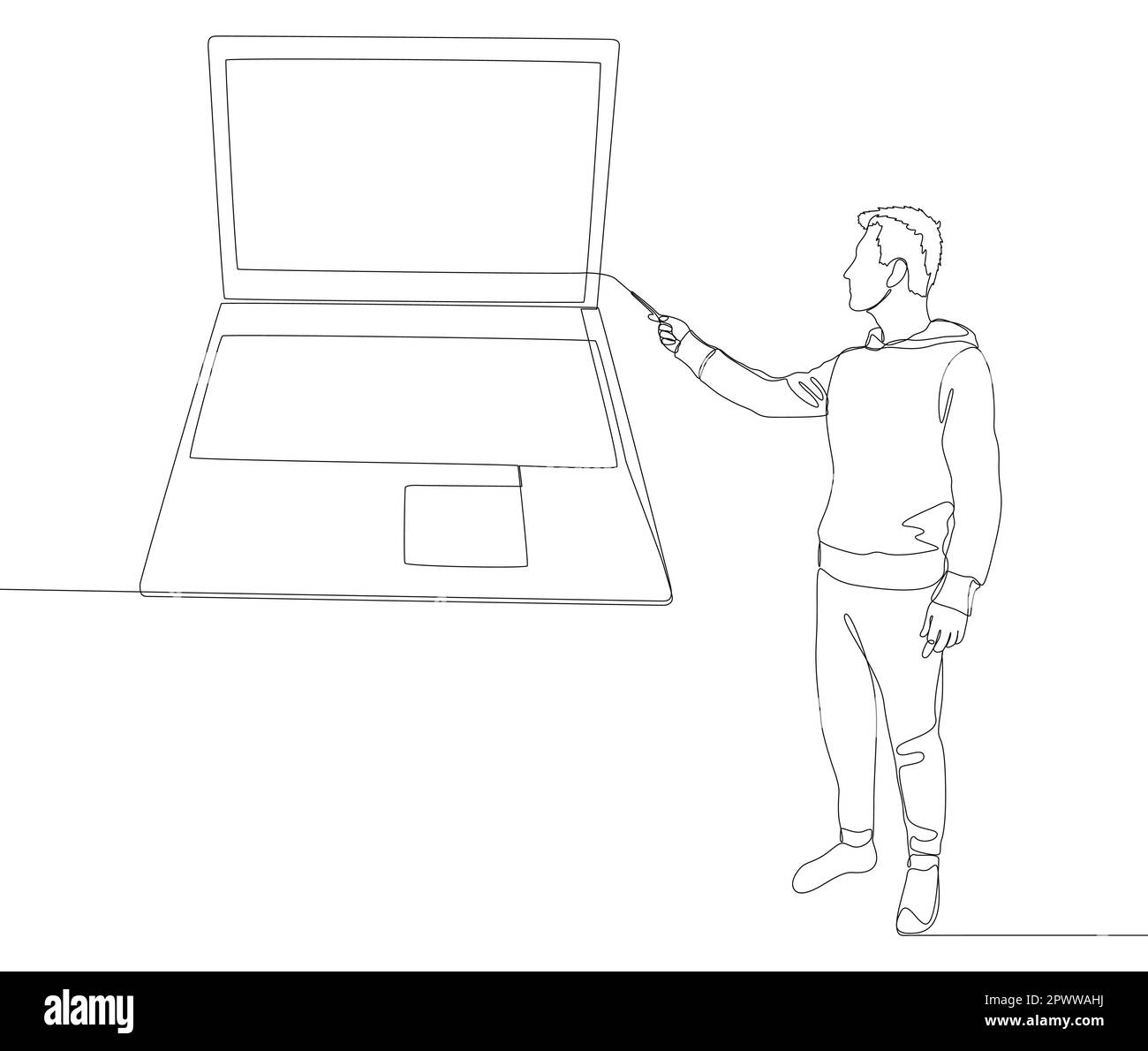One continuous line of Man pointing with finger at laptop. Thin Line ...