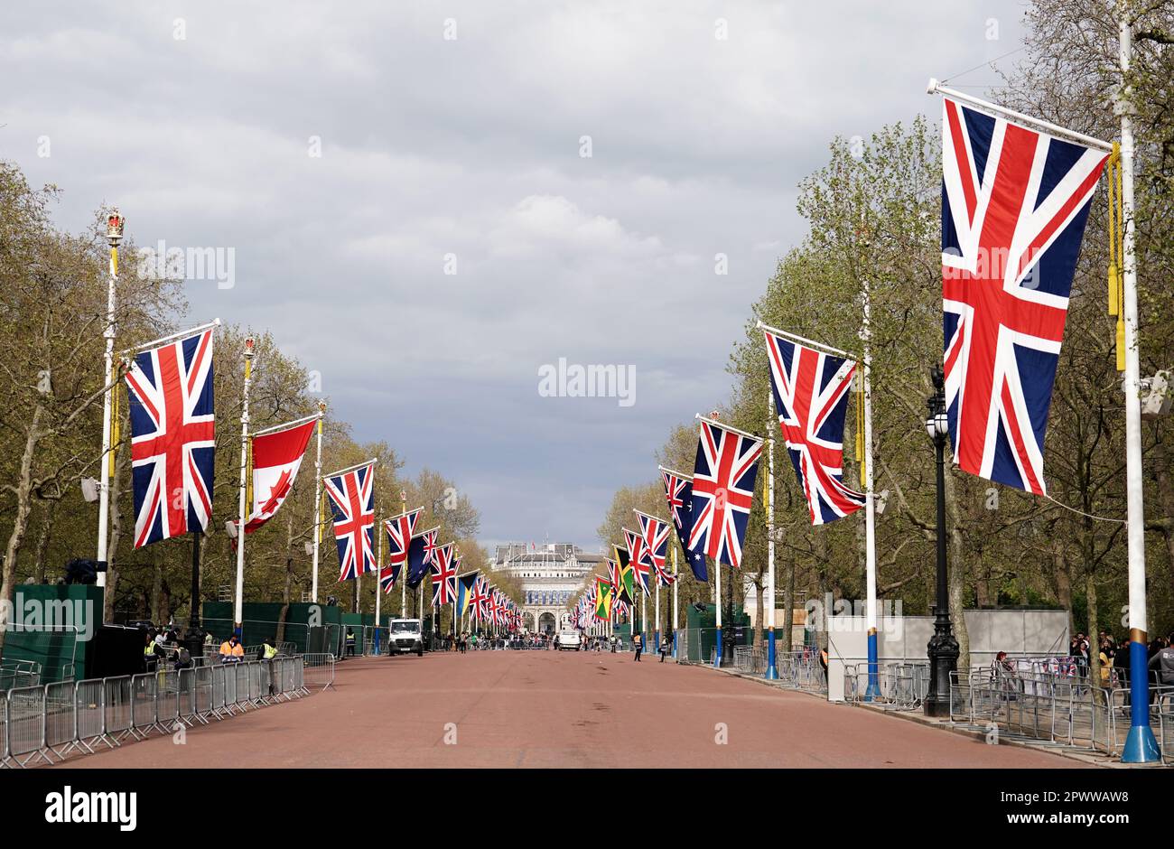 Union flags hang from the street furniture outside Buckingham Palace on ...