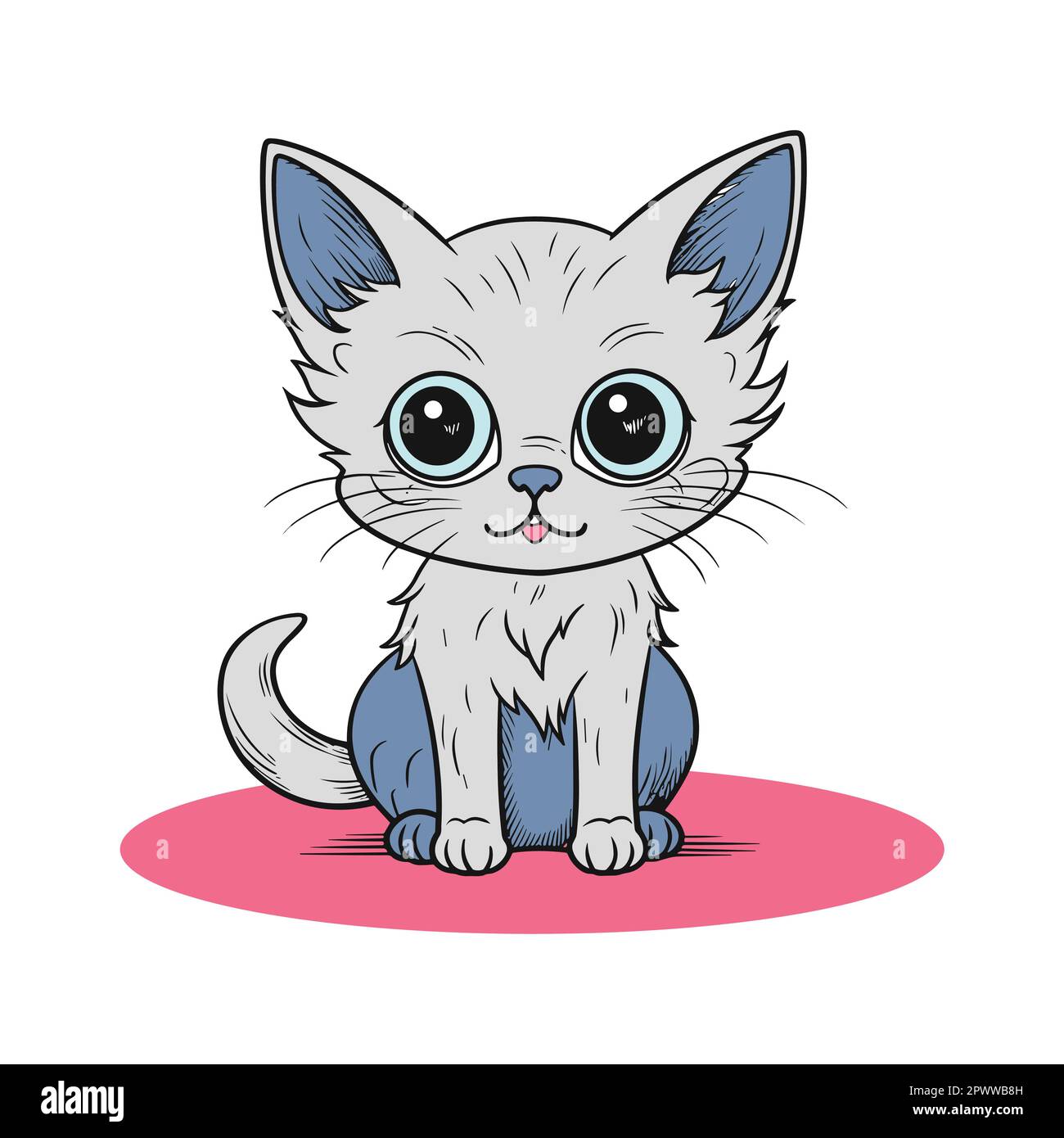Furry, cheerful cartoon of a cute and pretty kitty, drawn with a funny ...