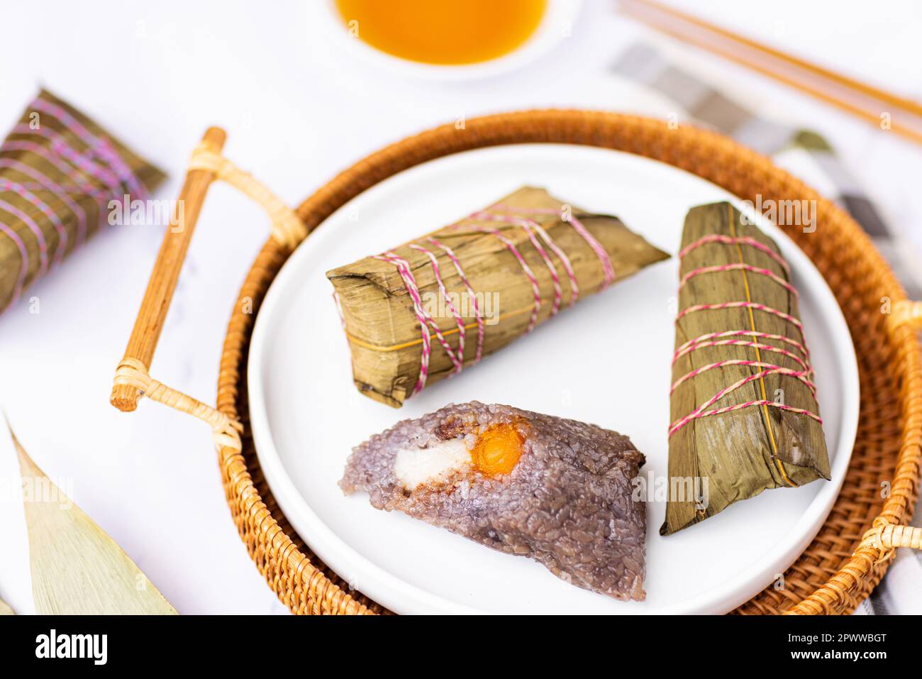 Traditional Chinese food for Dragon boat festival. Closeup zongzi or ...