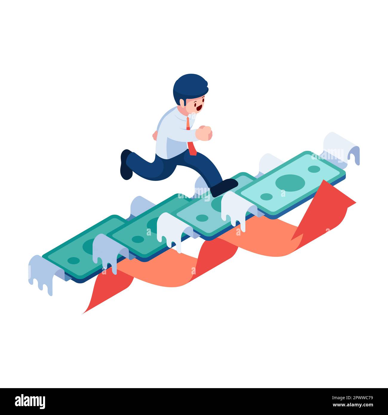 Flat 3d Isometric Businessman Step Up on Flying Dollar Banknote. Personal investment and Money ...