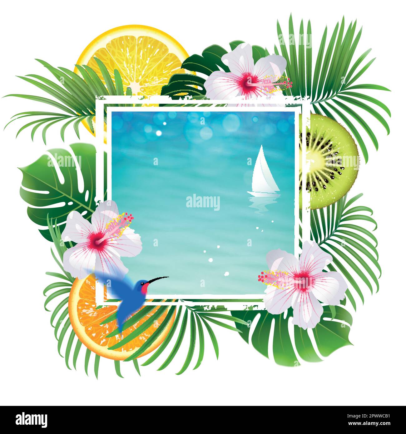 tropical banner with tropical fruits and plants on a white background ...