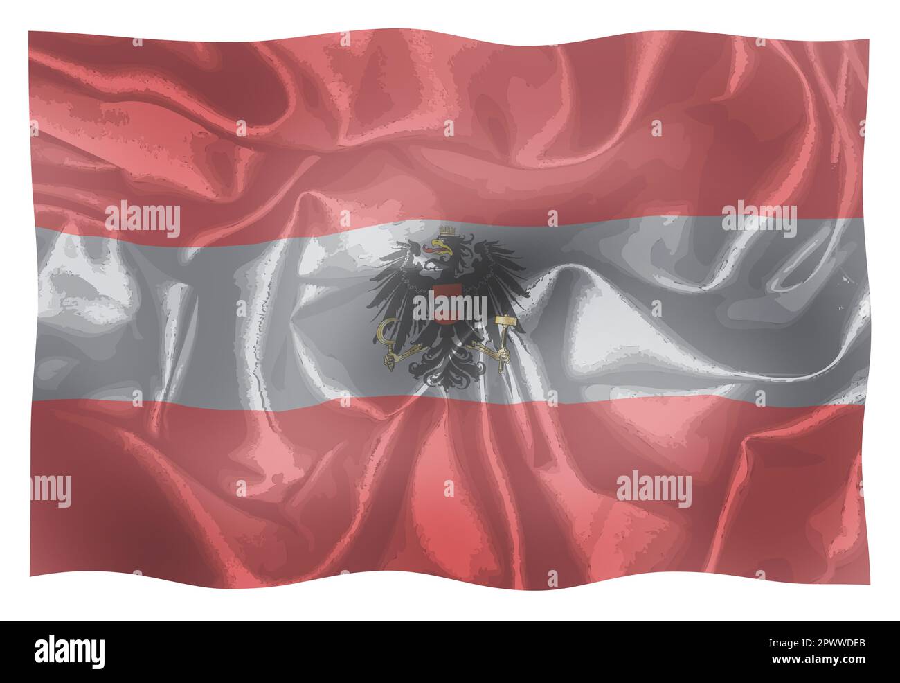 The Austrian flag with the coat of arms over layed fluttering in the ...