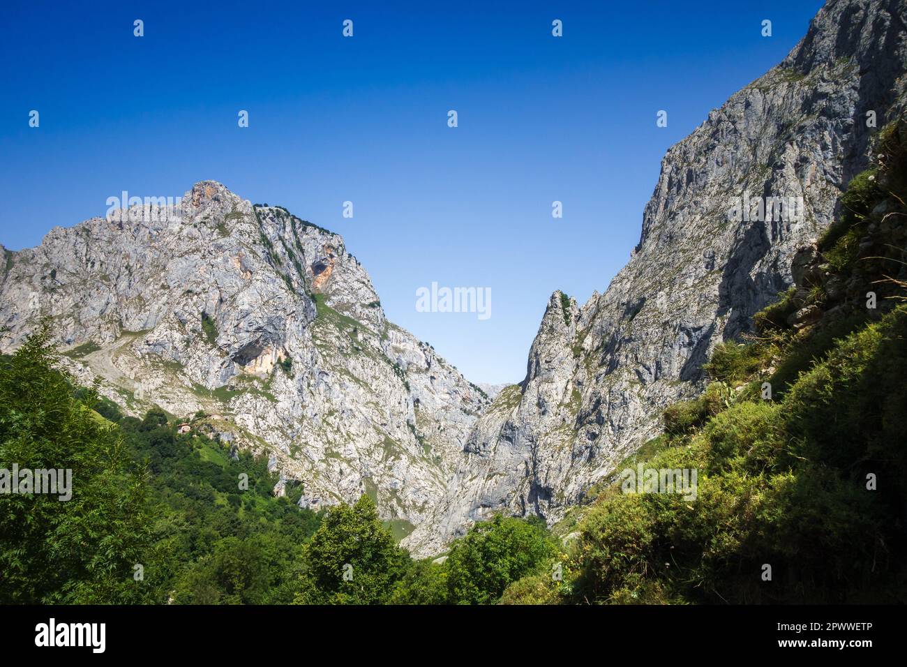 Mountain landscape around Bulnes village in Picos de Europa, Asturias ...