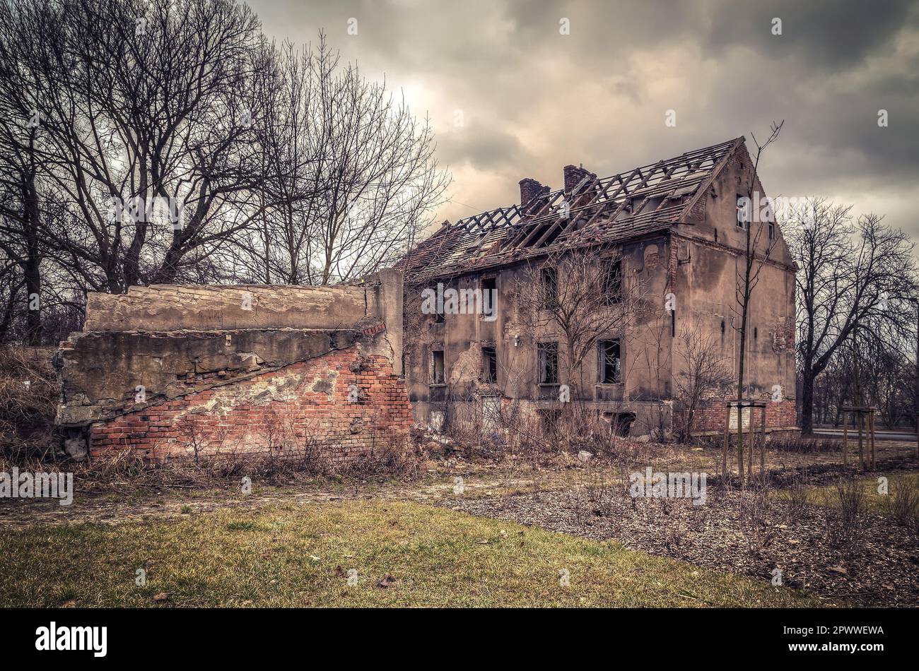 Old ruined building in dark scenery. Left collapsing house, the object ...