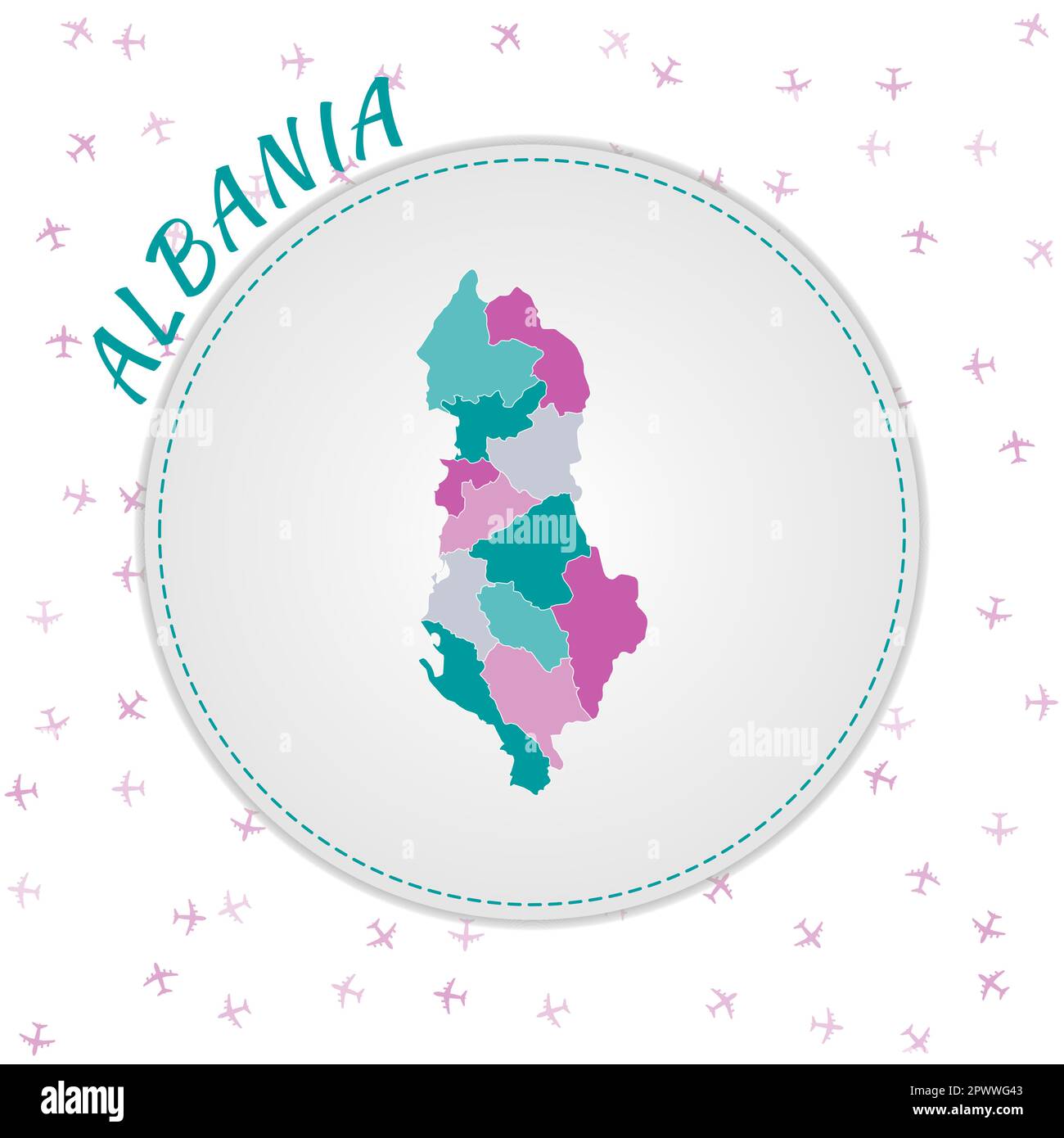 Albania map design. Map of the country with regions in emerald-amethyst ...