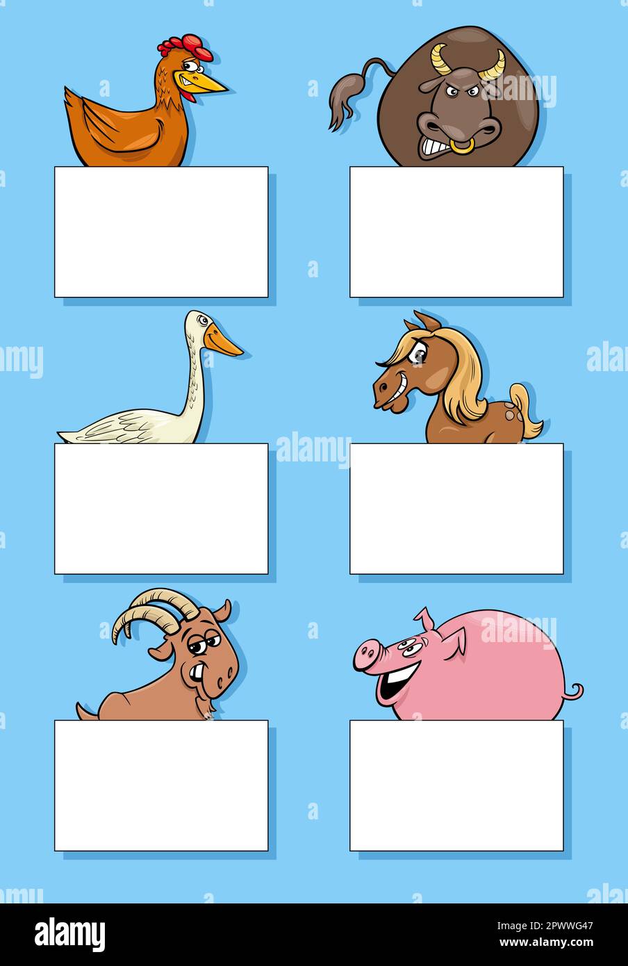Cartoon illustration of funny farm animals with blank cards or banners ...